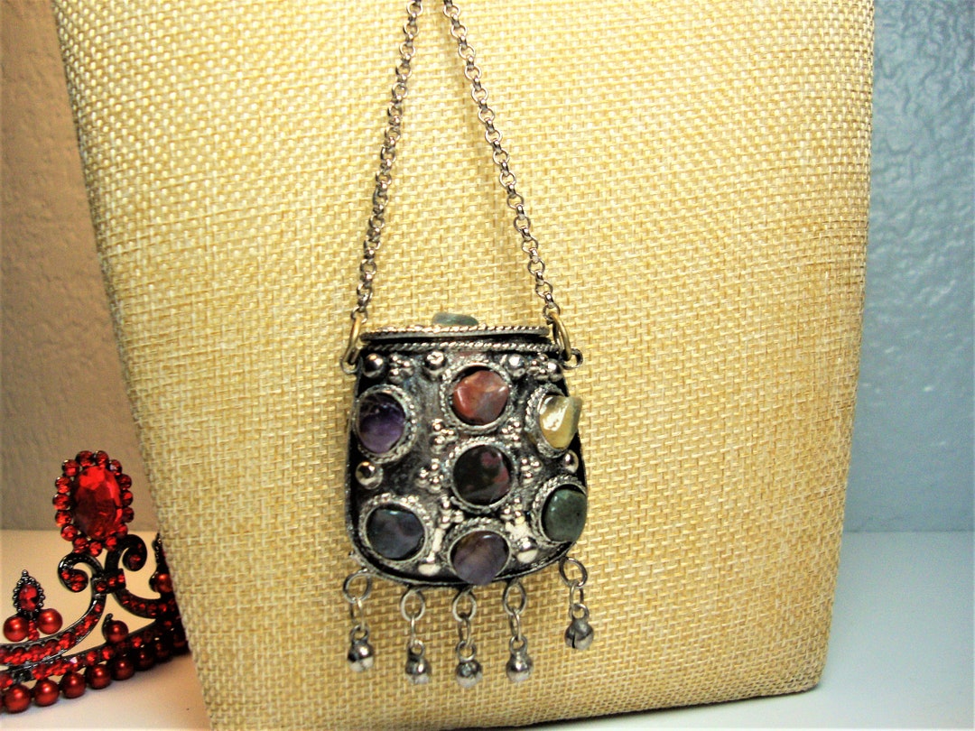 Vintage ROCK PURSE PENDANT Multi-color Polished Stones, Silver Metal ...