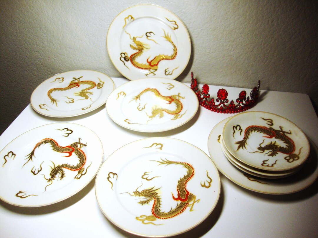 Vintage Oriental Dragon Plates: Hand Painted Gold Artwork, Set of 9 - Etsy