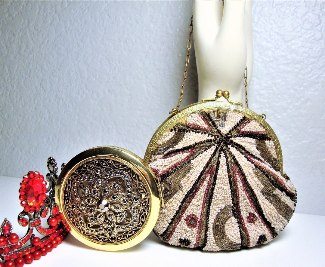 Vintage Beaded Purse & Rhinestone Compact Set - Etsy