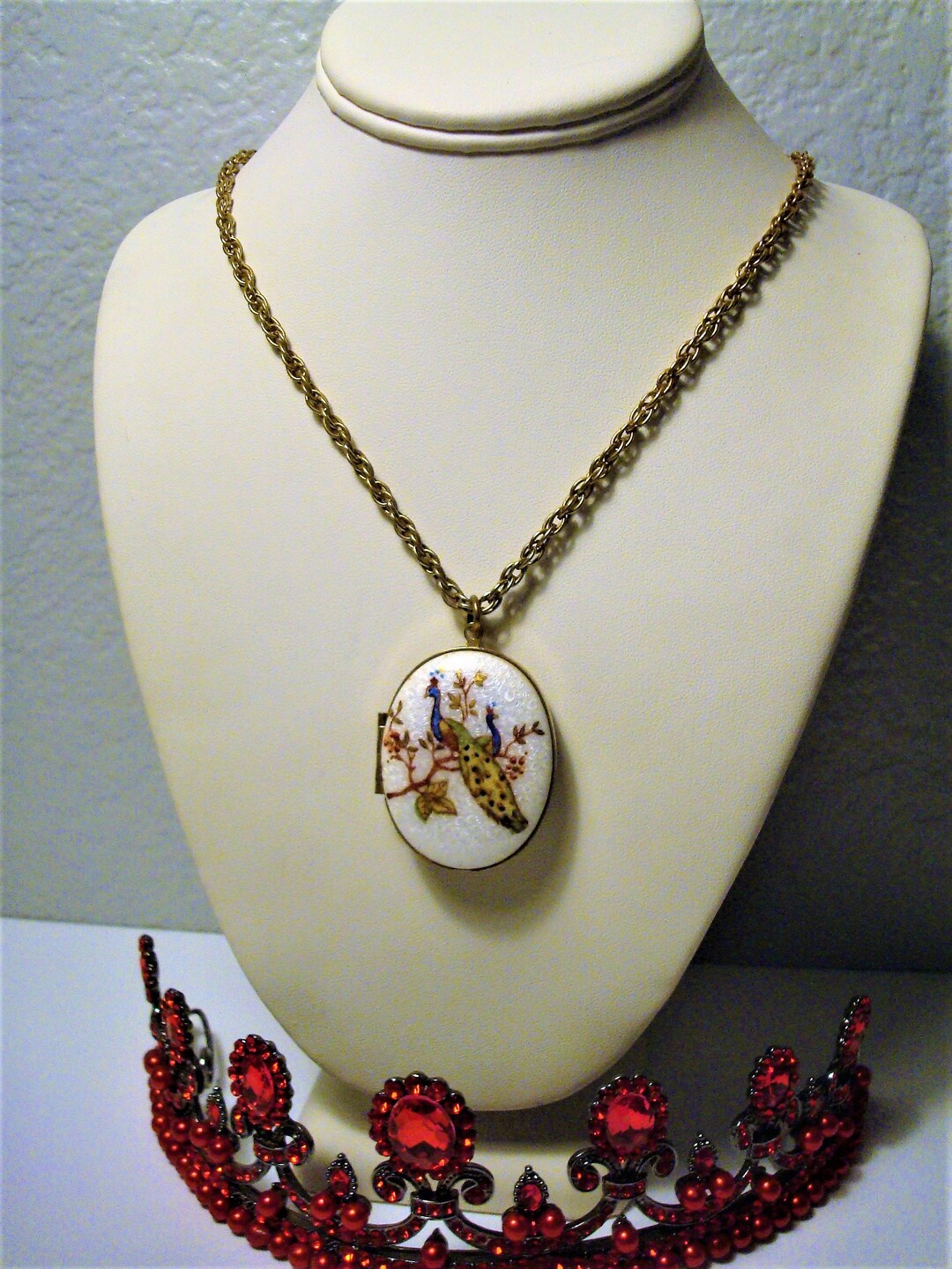 Vintage PEACOCK GUILLOCHE LOCKET - Large White Enamel Guilloche ...