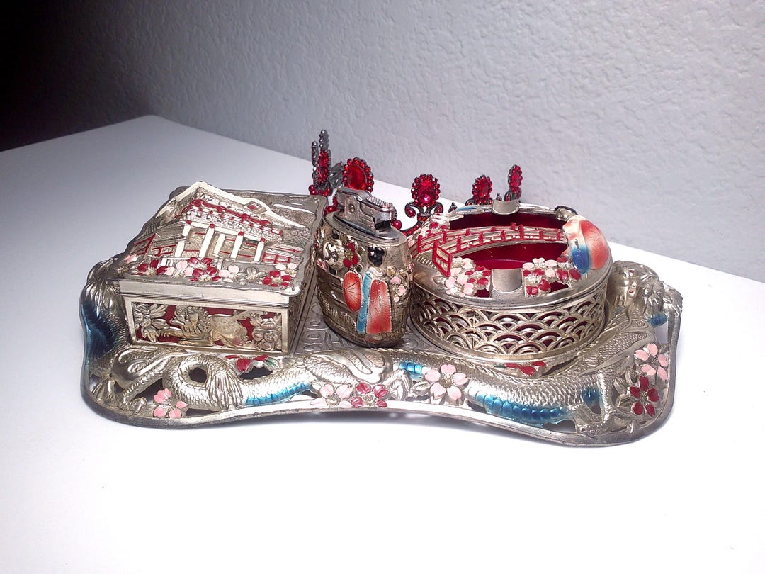Vintage Japanese Smoking Set – Geisha, Pagoda & Floral Motif - Etsy