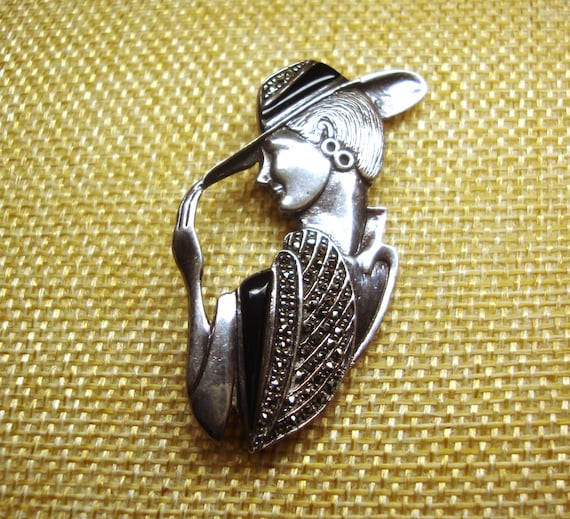 TheRedCrownBoutique Vintage Deco Lady Brooch Unique Marcasite Onyx Art Deco Lady in Fedora Hat Brooch Marcasite Sterling Brooch 2 High Stamped 925