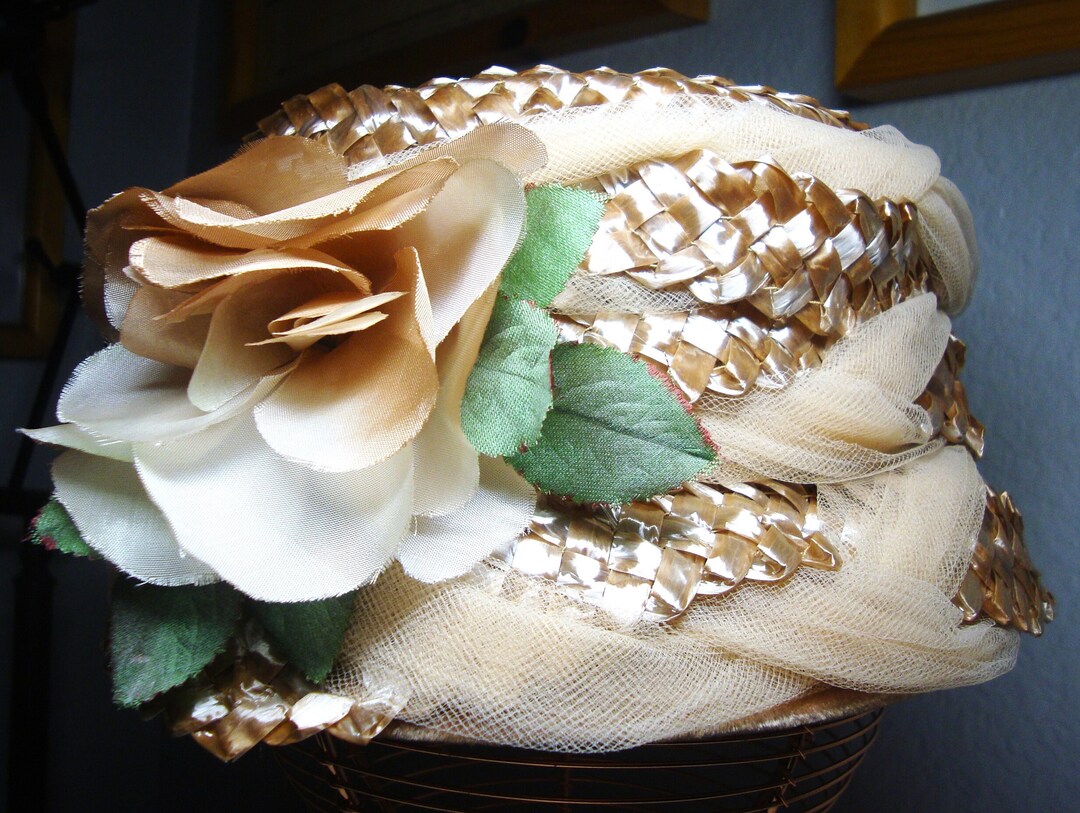 Vintage GOLDEN STRAW CLOCHE - Golden Brown Straw Cloche Hat With Large ...