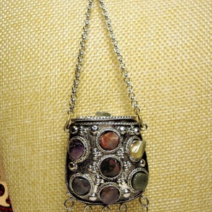 Vintage ROCK PURSE PENDANT Multi-color Polished Stones, Silver Metal ...