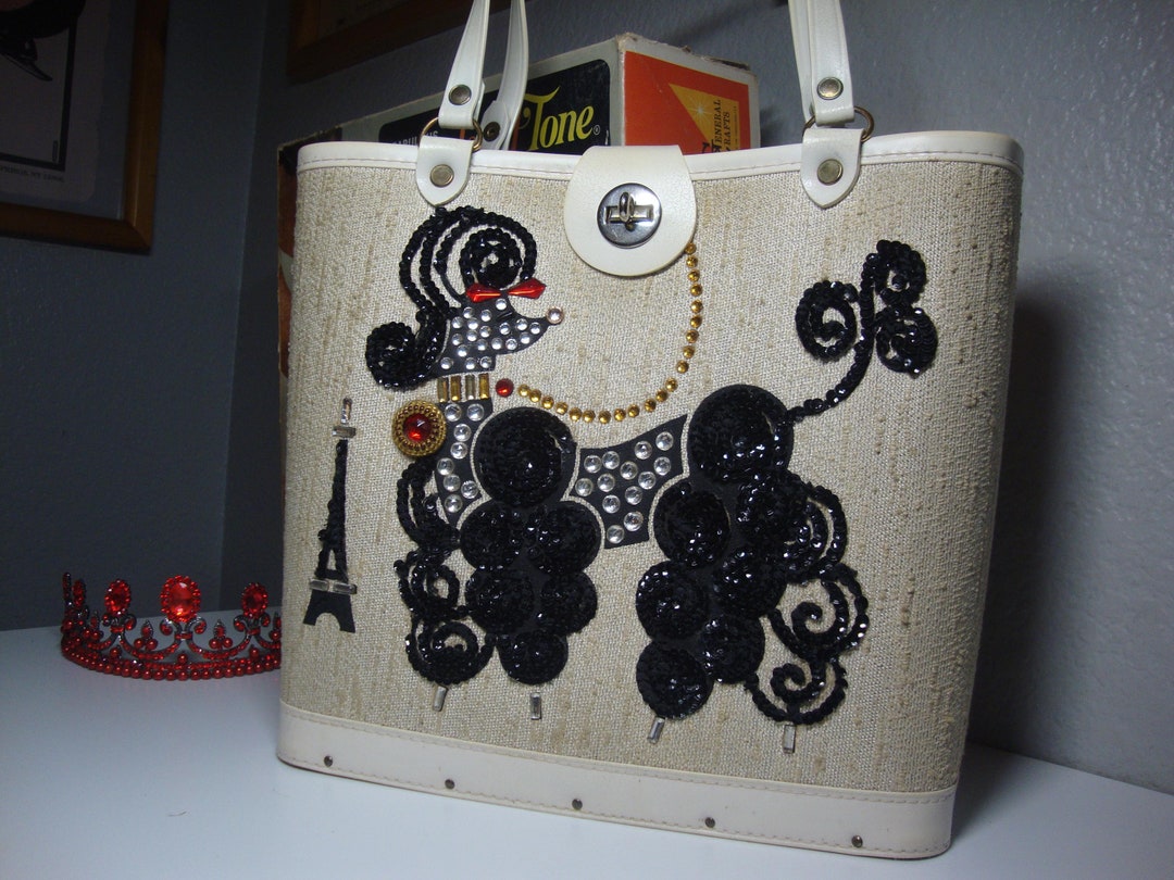 Vintage JEWELTONE POODLE HANDBAG Poodle Motif Natural Fabric Handbag ...