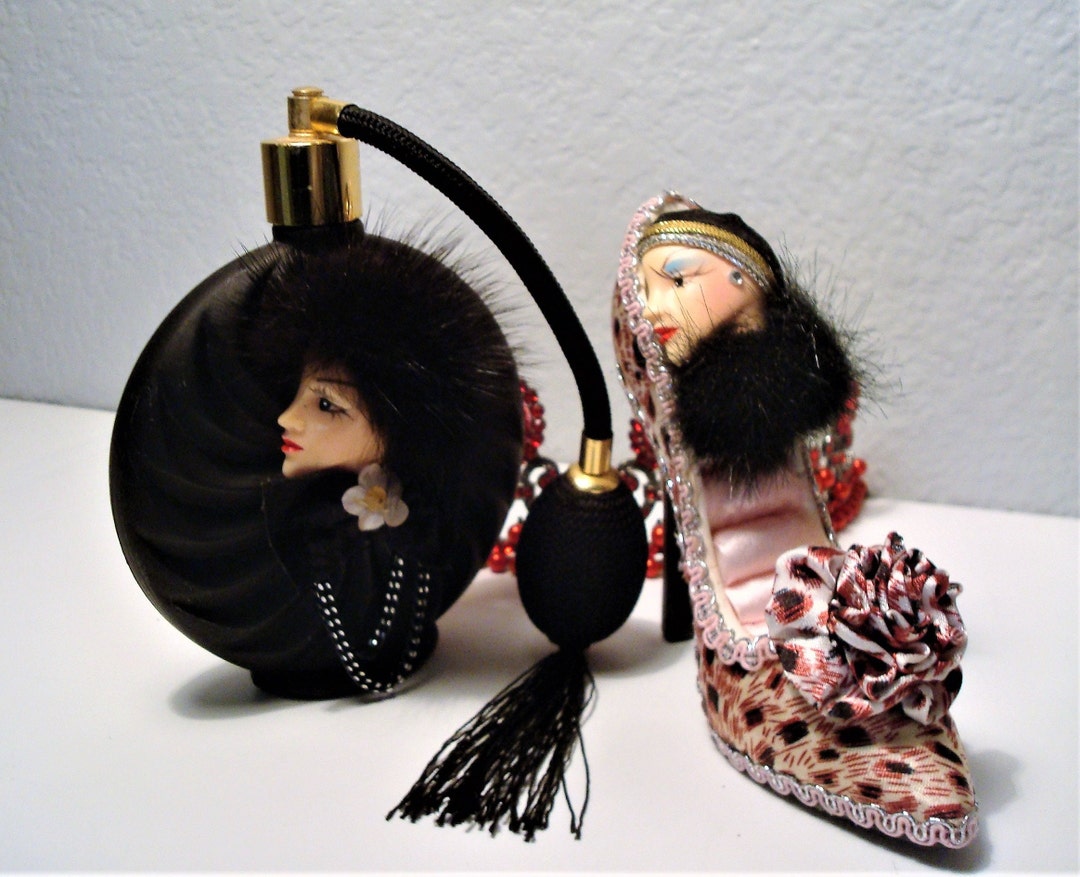 Vintage 3D Lady Vanity Set: Profile Brooch, Perfume Bottle, Leopard ...