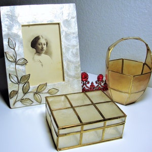 Vintage CAPIZ SHELL DECOR (4 Pieces) - Capiz Shell Hinged Lid Box, by Gump, Capiz Shell Basket ...
