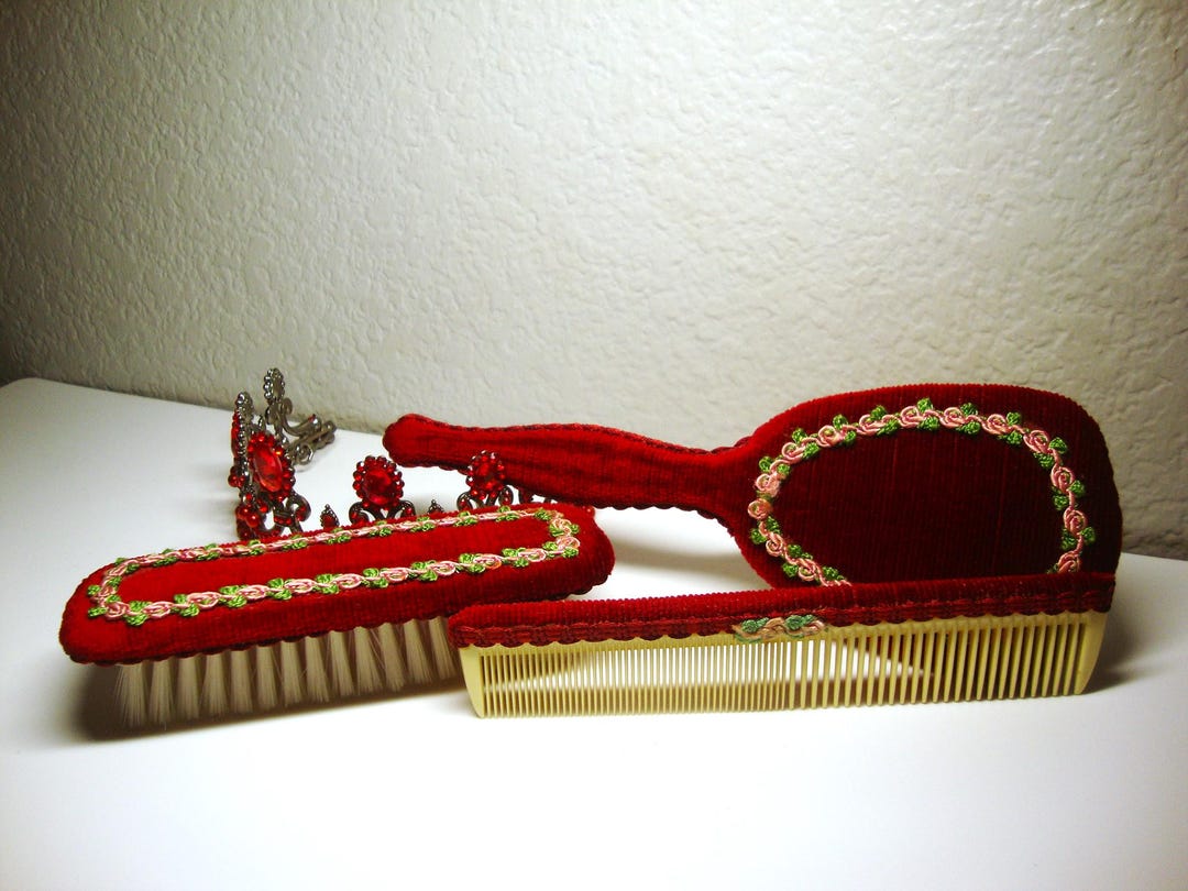 Vintage BURGUNDY VANITY SET (3) - Velvety Burgundy Corduroy Fabric ...