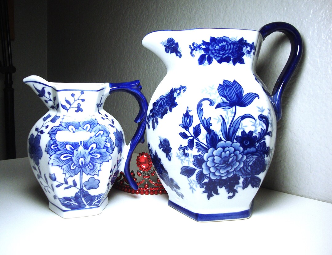 Vintage PITCHER WALL VASES Pair of Blue and White Porcelain - Etsy