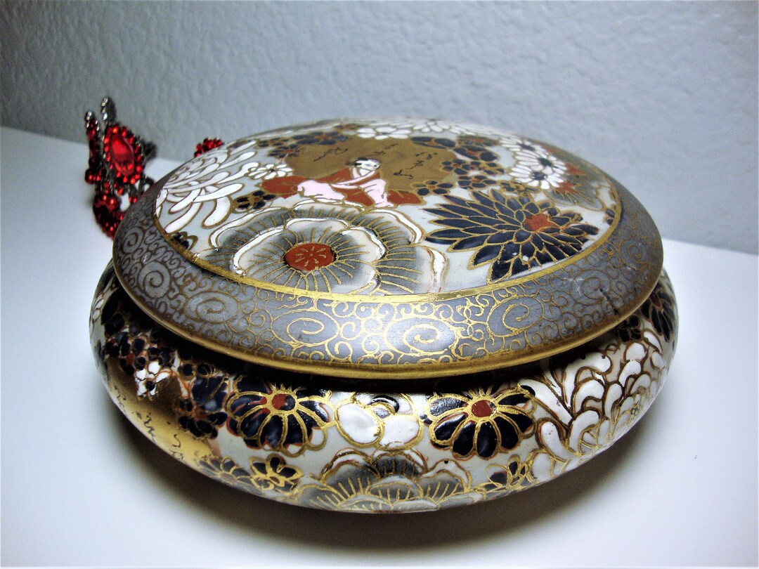 Vintage SATSUMA BOX With LID - Hand Painted Japanese Satsuma Roses ...