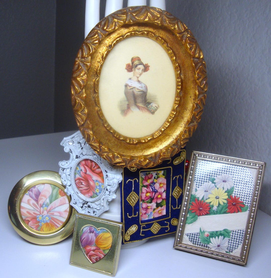 Vintage MINI FRAMES & PRINT (6) Pieces - Set of Three Easel Back and Two Hanging Frames - Plus a ...