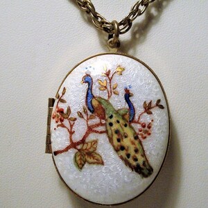 Vintage PEACOCK GUILLOCHE LOCKET Large White Enamel Guilloche, Colorful ...