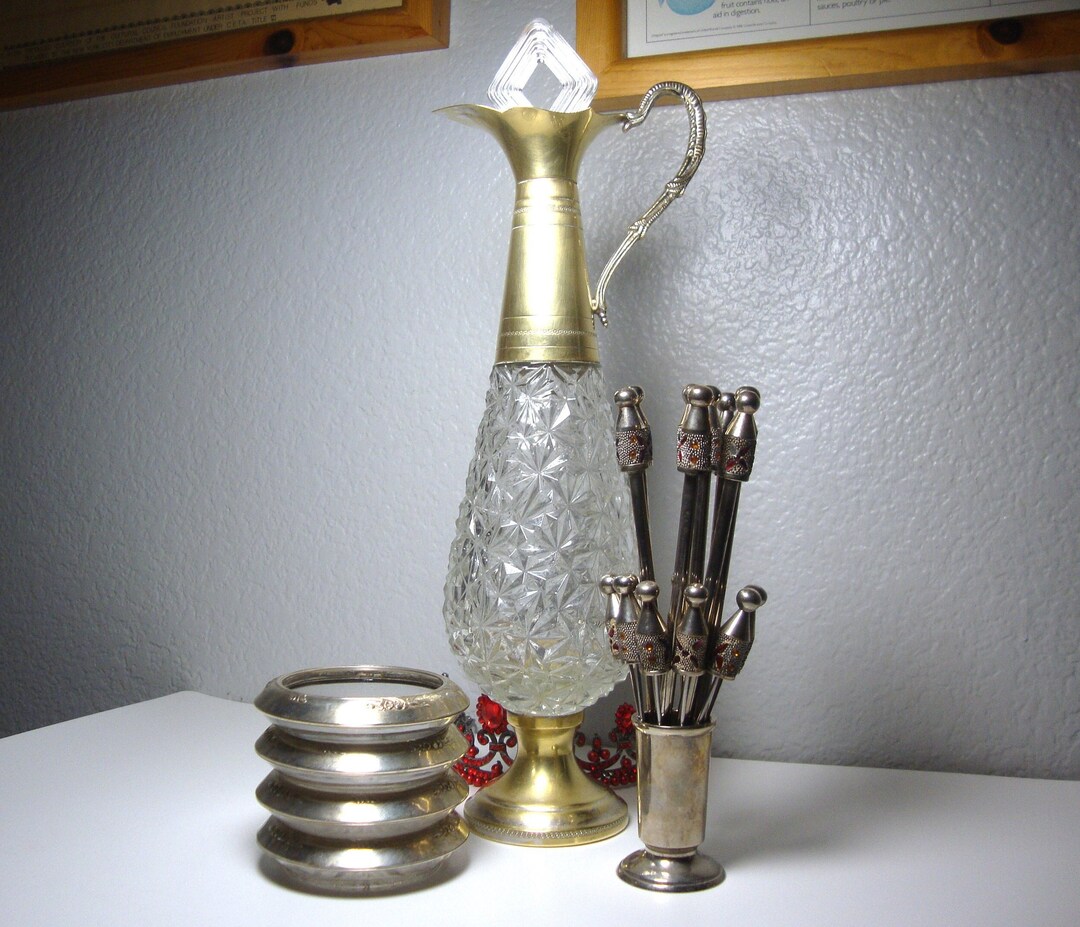 Vintage S.P. & BRASS SERVING SET - Brass/glass Decanter - Towle Crystal ...