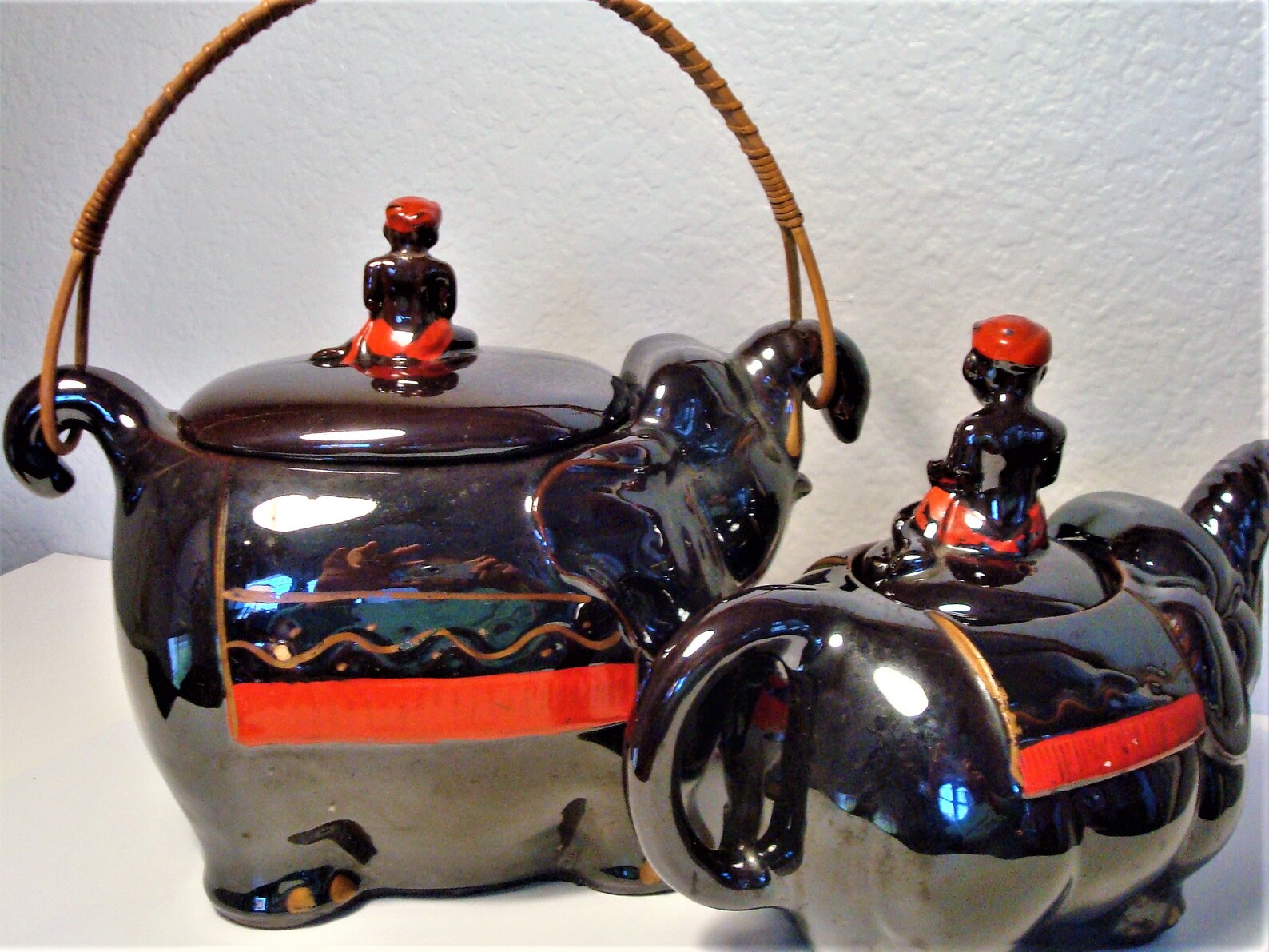 Vintage Elephant Teapot & Creamer Set: Brown Pottery With Wicker Handle ...