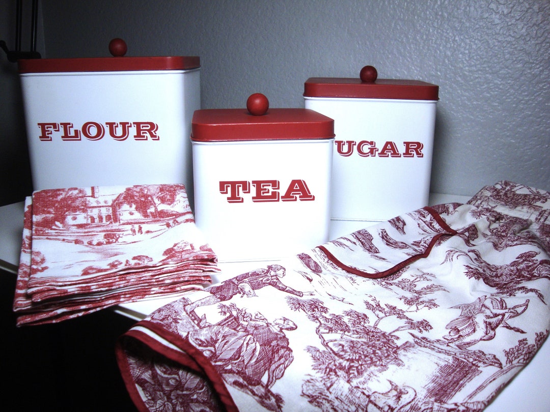 Vintage RED & WHITE DECOR - Red/ivory-white Toile Half-apron and Pair ...