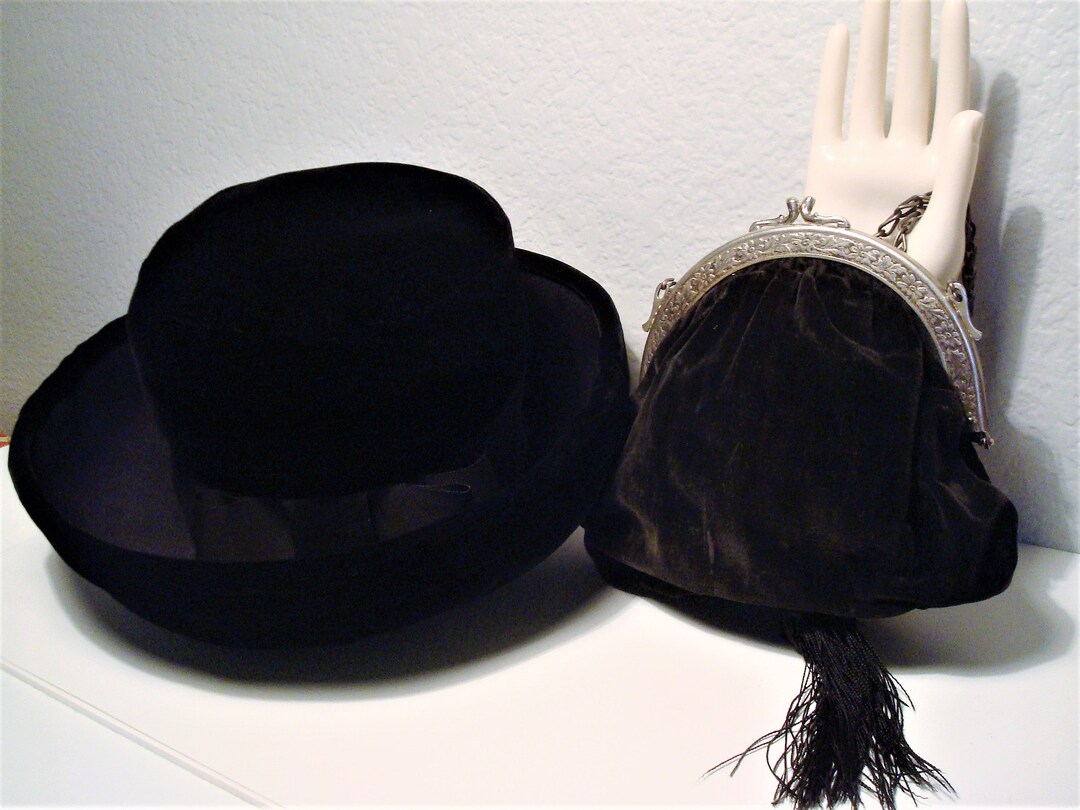 Vintage Black Velvet Hat & Pouch Purse Set: Ribbon-bow Brim, Tassel ...