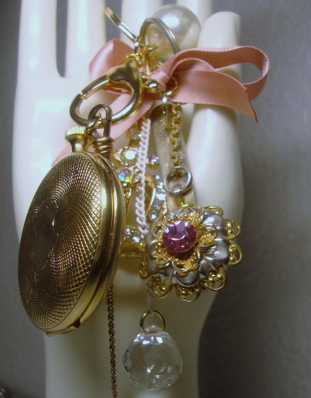 Vintage Gold Plated Perfume Compact Pocket Watch With Charms & Keyring ...
