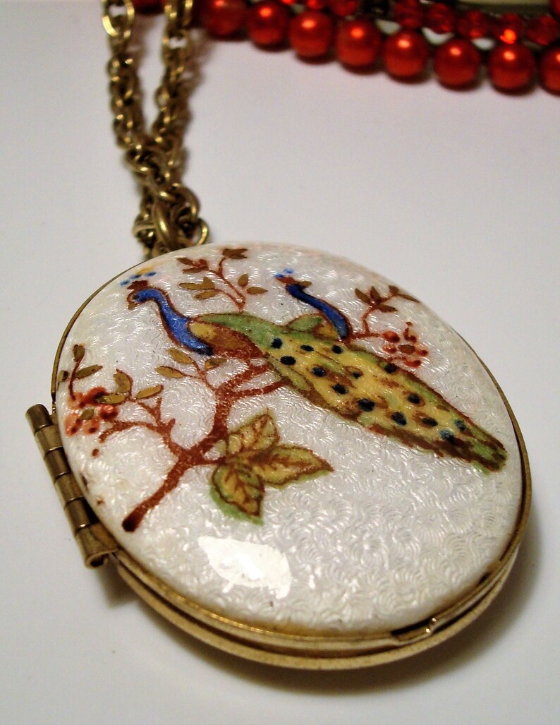 Vintage PEACOCK GUILLOCHE LOCKET Large White Enamel - Etsy
