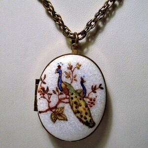 Vintage PEACOCK GUILLOCHE LOCKET Large White Enamel Guilloche, Colorful ...
