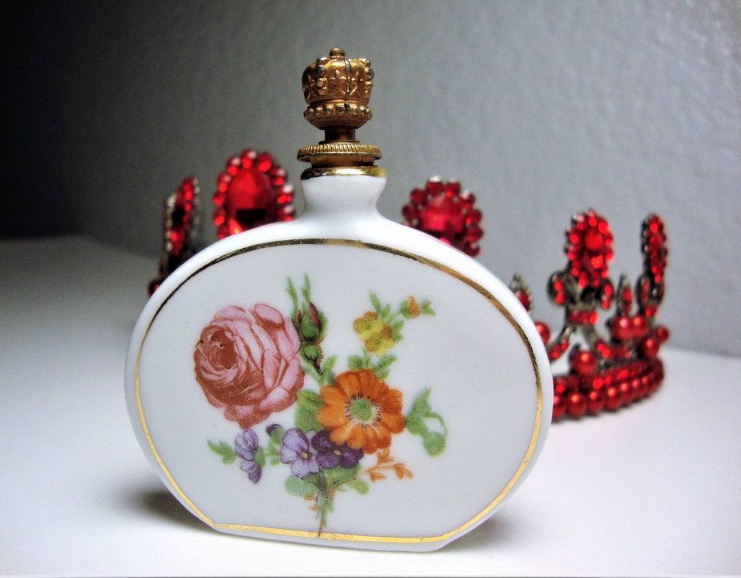 Vintage German Perfume Bottle: Mini Porcelain Floral With Gilt Crown - Etsy