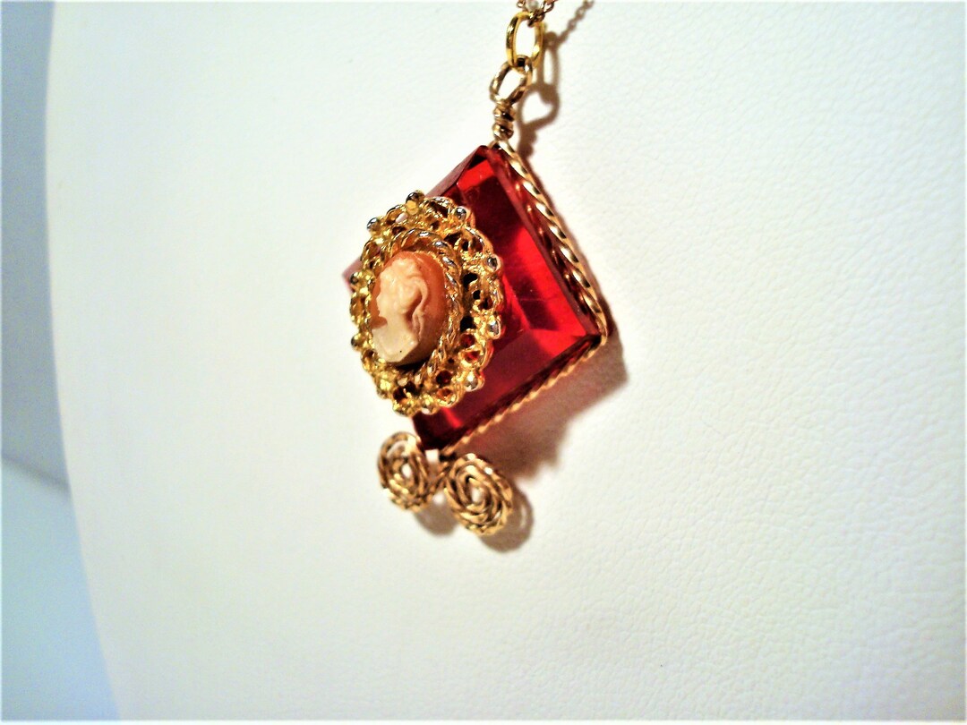 Vintage Cameo Necklace: Red Glass Diamond Pendant, 14K G.F. Chain - Etsy