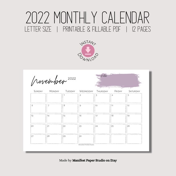 2022 Calendar Printable One Page Landscape