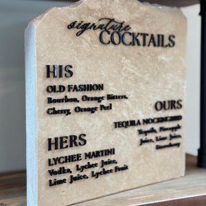Wedding Bar Sign Signature Cocktails Stone Travertine With Acrylic ...