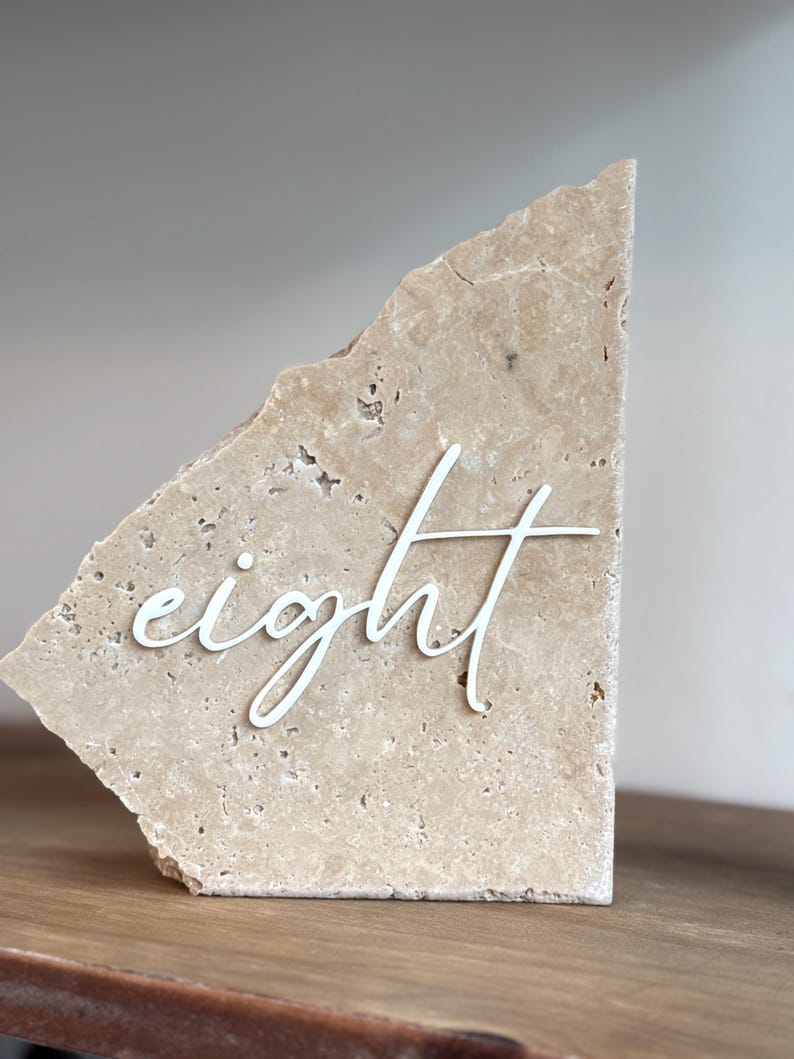 Table Numbers Wedding Travertine Stone White Acrylic Cursive Font ...