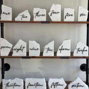 Wedding Table Numbers White Marble Stone With Black Cursive Rustic ...