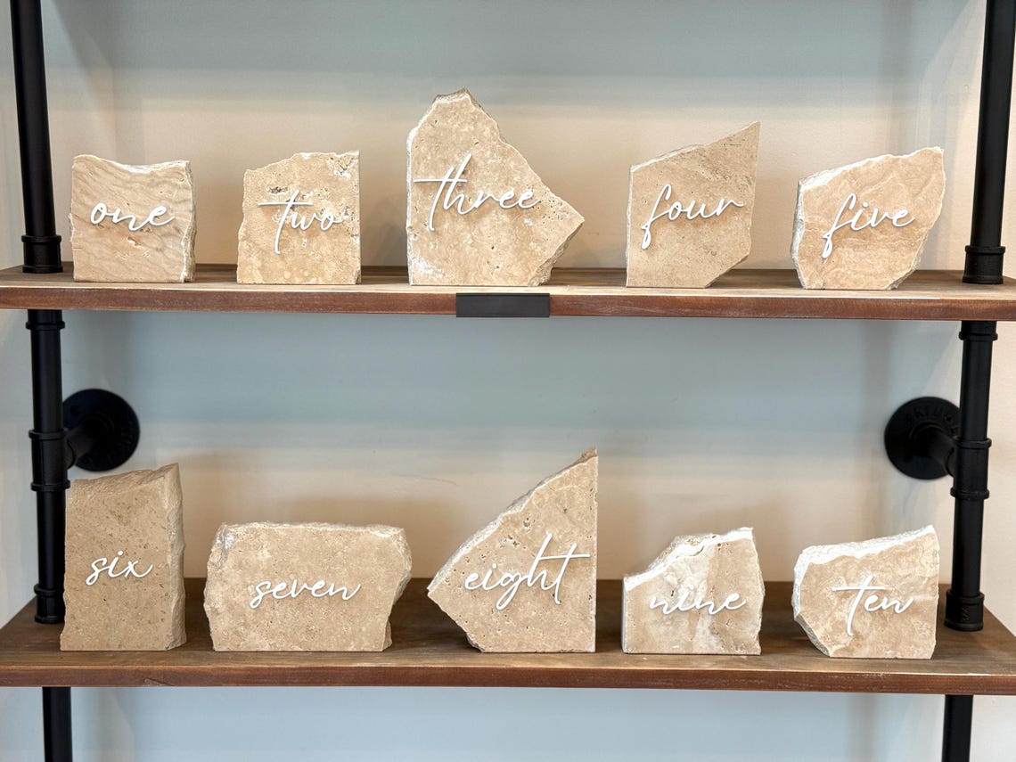 Table Numbers Wedding Travertine Stone White Acrylic Cursive Font ...