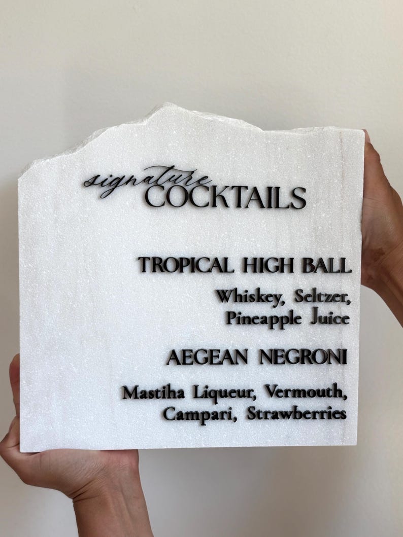 Wedding Bar Sign Signature Cocktails Stone Travertine Acrylic Lettering ...