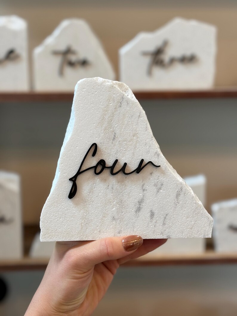 White Marble Stone Table Numbers With Black Cursive: Rustic Wedding ...