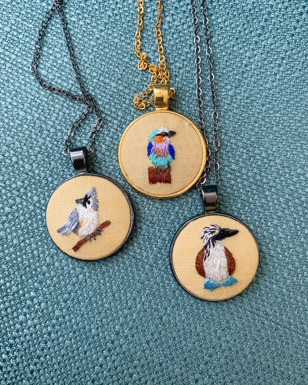 Hand Embroidered Bird Necklace, Pendant Necklace, Birder Gift, Vintage ...