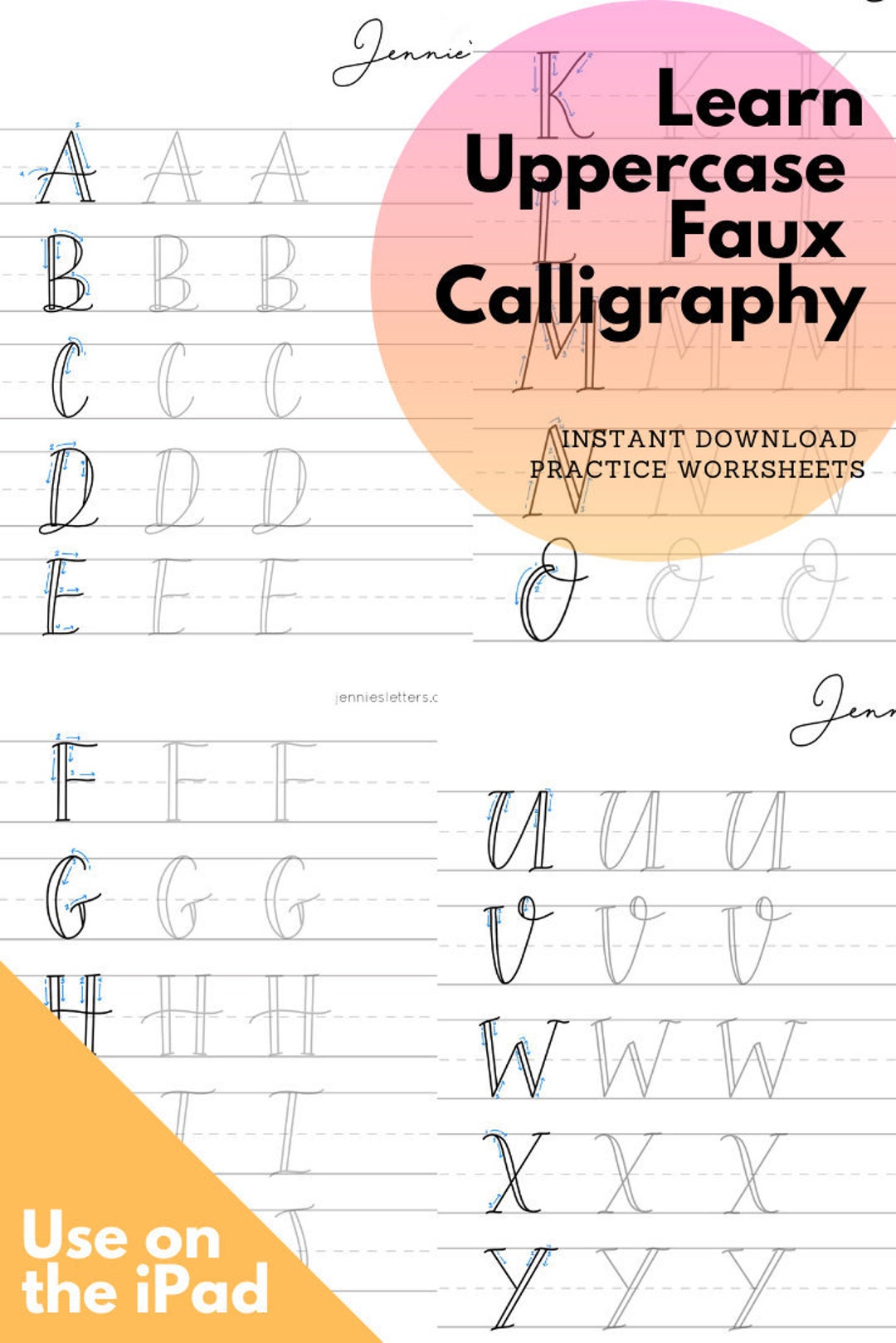 Faux Calligraphy Hand Lettering Practice Worksheets Uppercase Etsy