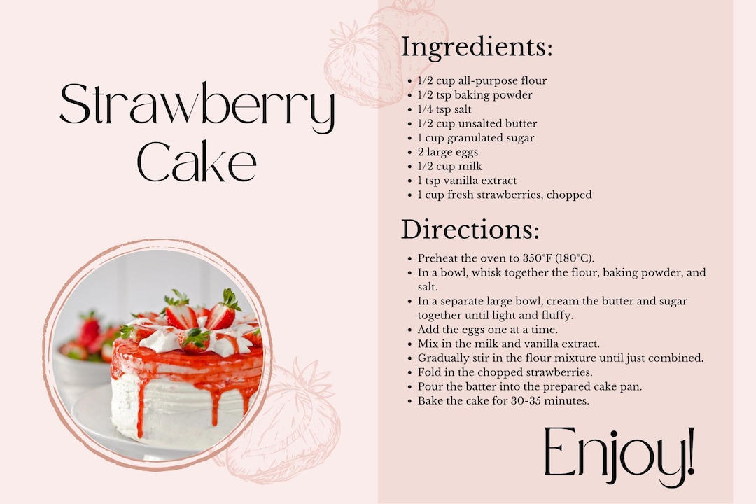 Strawberry Cake Recipe Card - Etsy