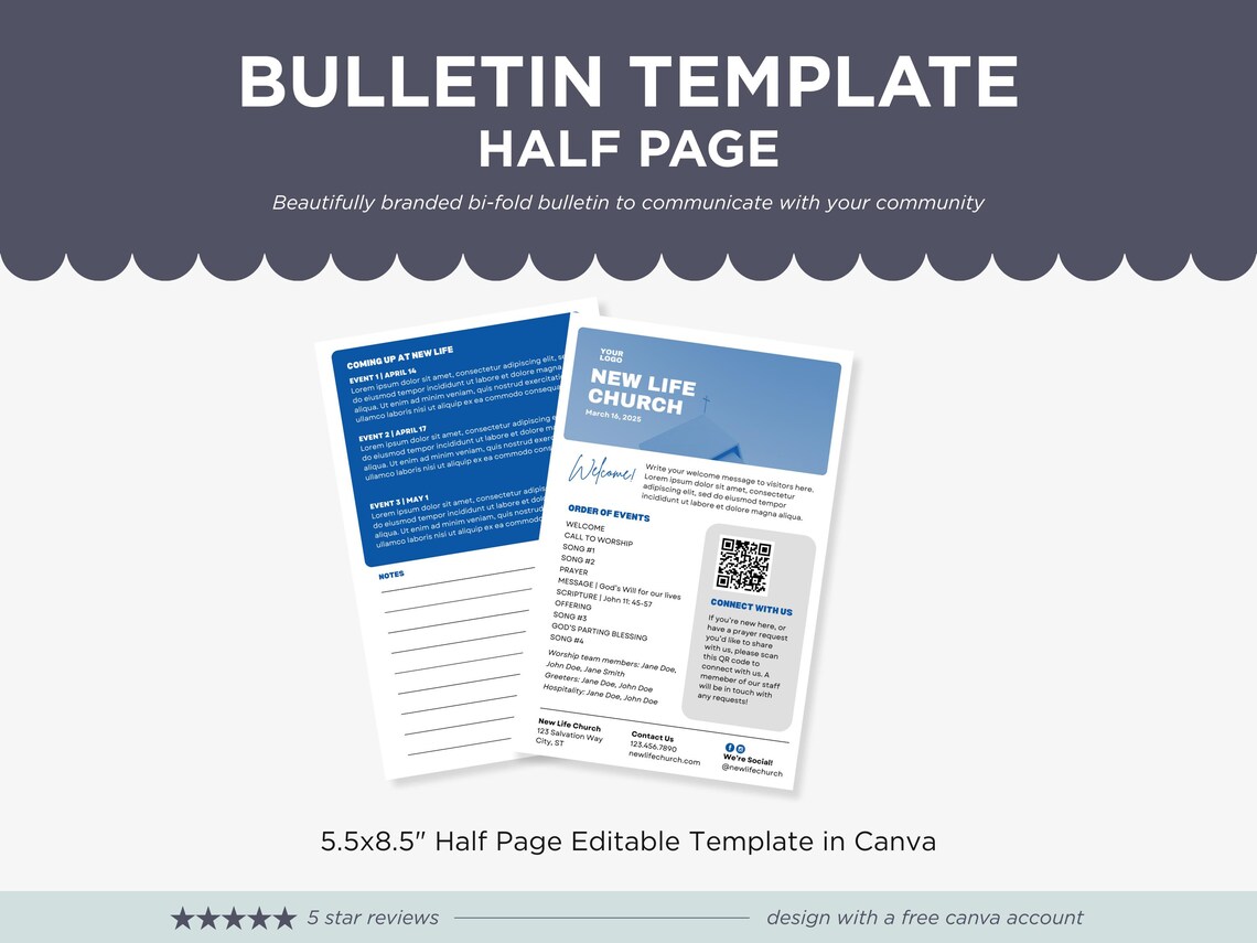 Editable Church Bulletin Template: Half Page Sunday Service (digital ...