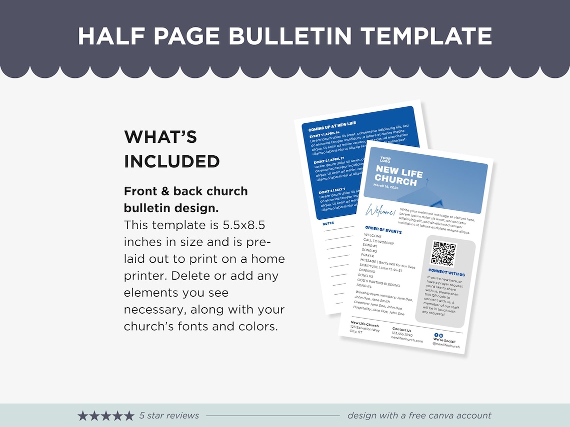 Editable Church Bulletin Template: Half Page Sunday Service (digital ...