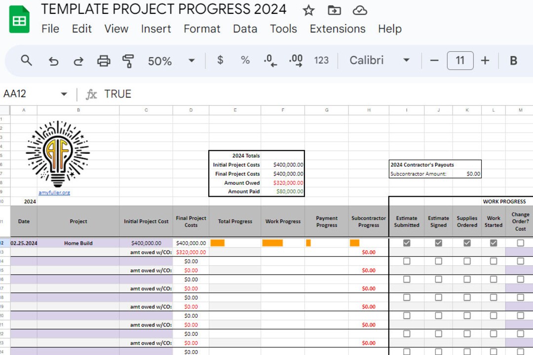 Construction Contractor Project Management Google Sheets Form ...