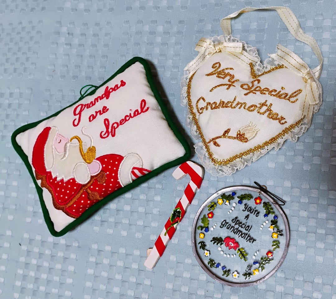 Vintage Handmade Ornaments - Set of 4 - Grandparents Theme & Candy Cane ...