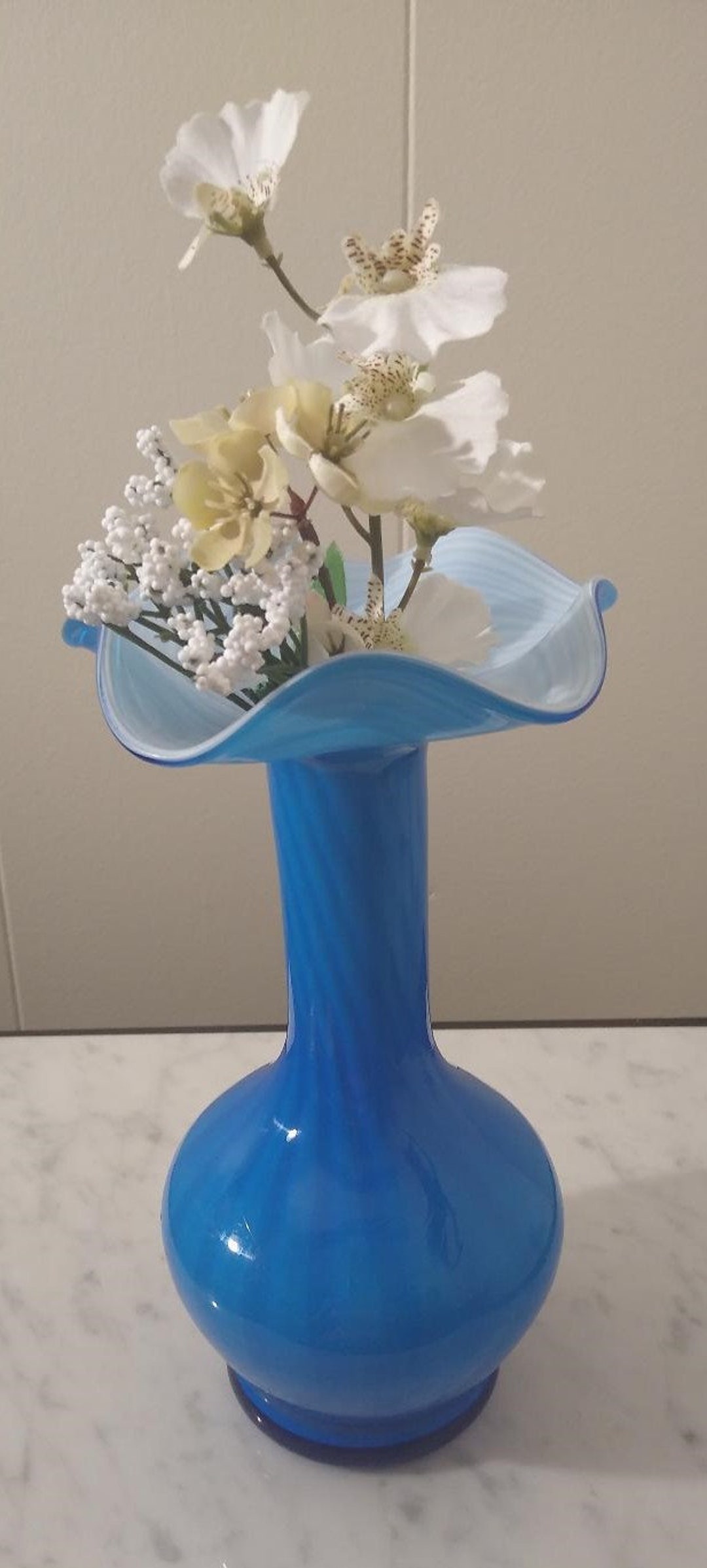 Vintage Blue and White Cased Glass Swirl Pattern Flower Vase - Hand ...