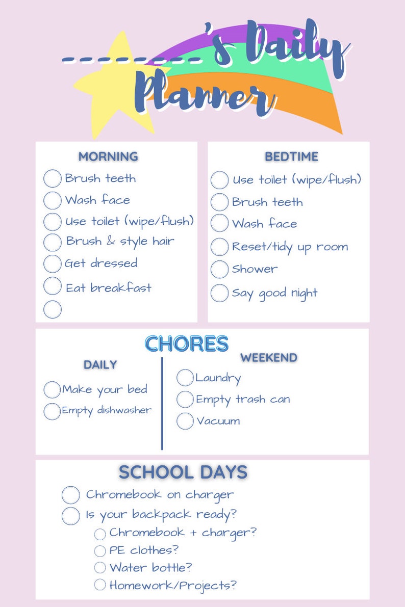 Template - Daily Chore/task List - Kids - Etsy