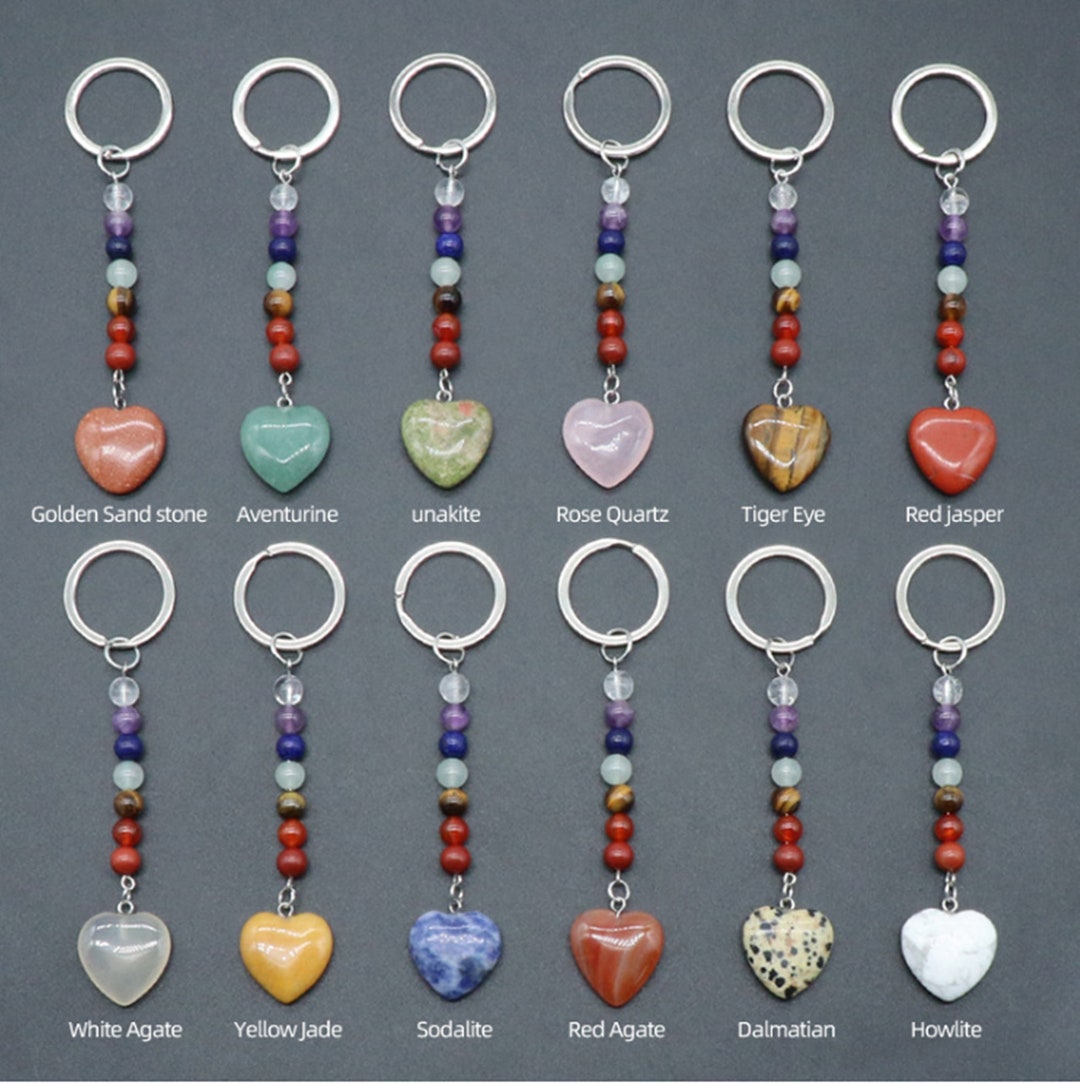 12kinds of Gemstone Keychain,hand Carved Heart Shape Crystal Key Ring ...