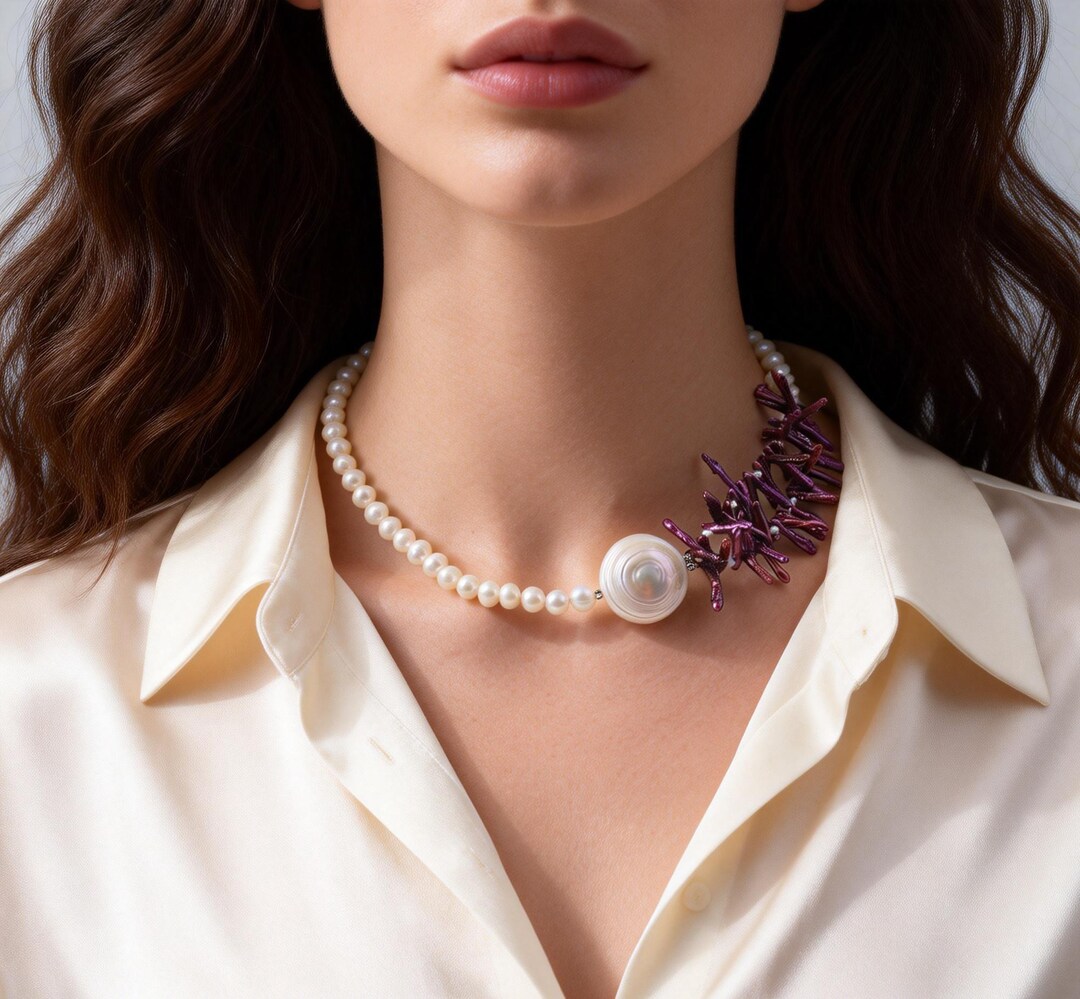 Collar de perlas blancas naturales con perlas biwa moradas, collar ...