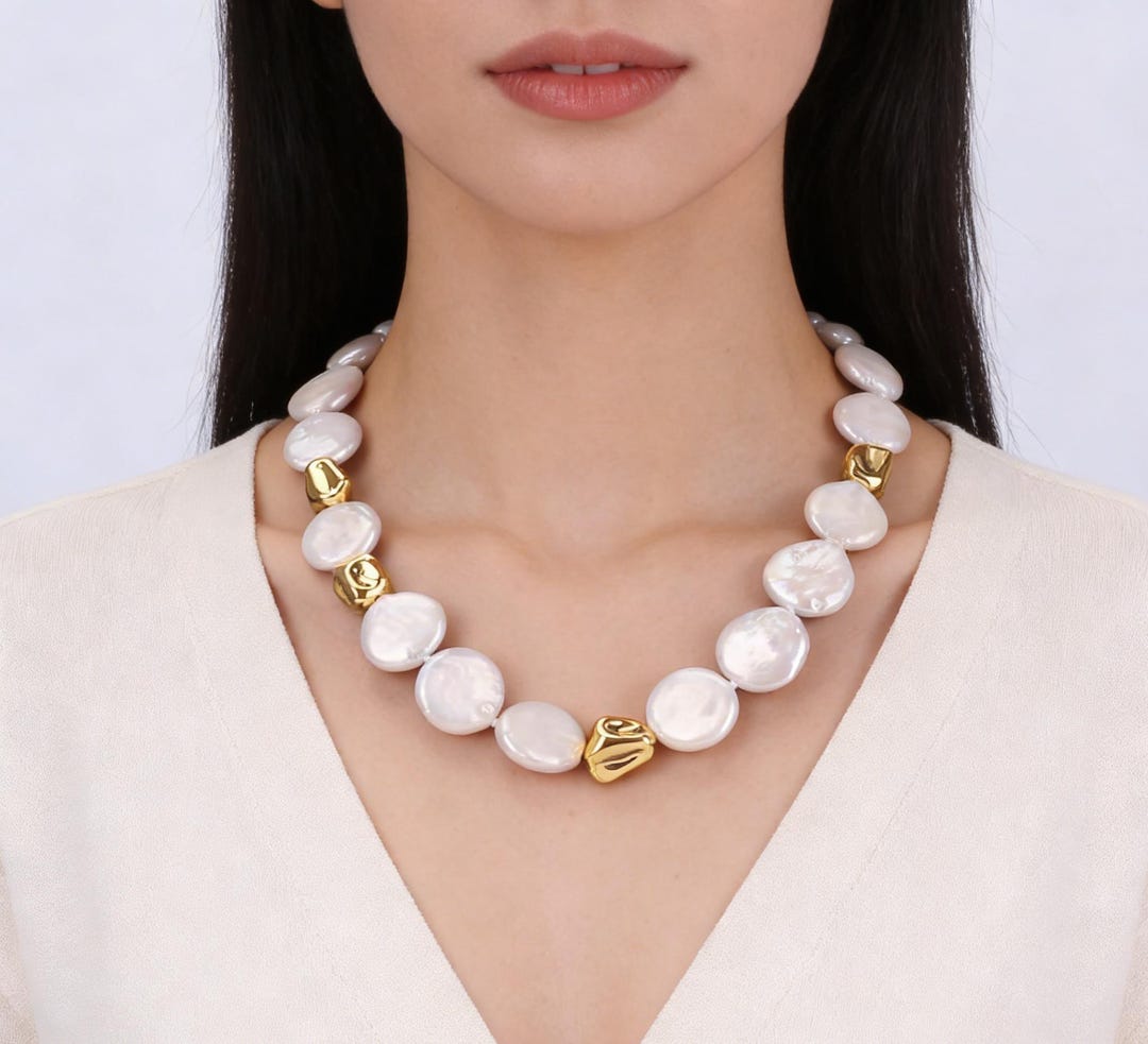 White Coin Pearl Necklace: Golden Nugget Beads, Freshwater Pearl ...