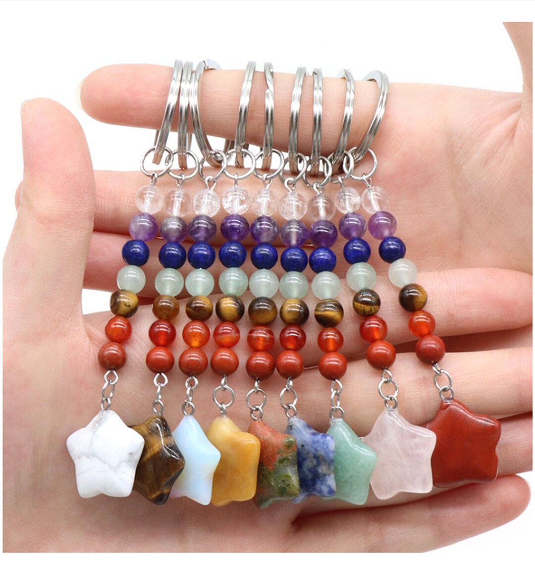 11 Kinds of Star Gemstone Keychain,hand Carved Crystal Quartz Key Ring ...