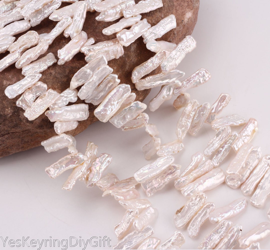 White Biwa Stick Pearls, White Irregularly Shaped Loose Beads, Genuine ...