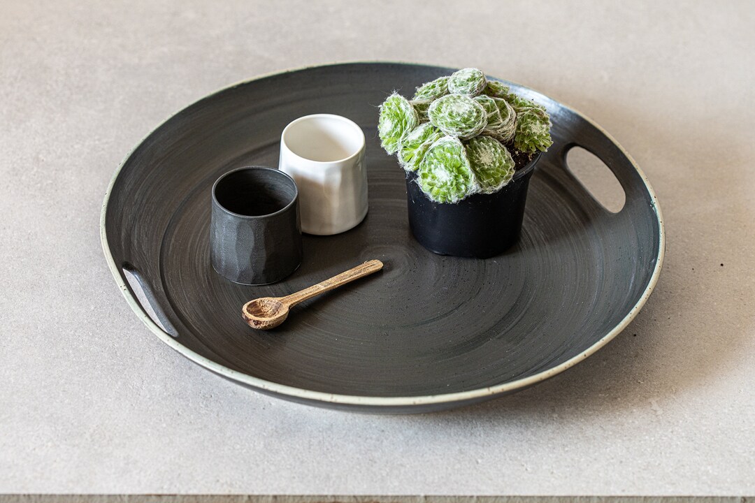 Wide Black Ceramic Tray, Handmade With Handles - Etsy