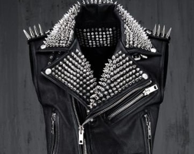 VEST JACKET HANDMADE Men Black Punk Silver Long Spiked Studded Leather ...
