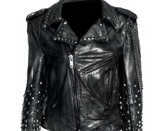 Spiked leather jacket | Etsy