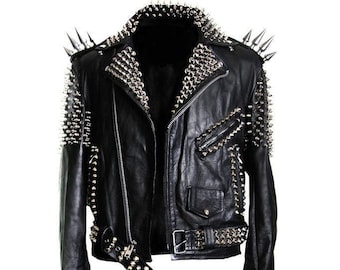 Men Studded Jacket Black Punk Silver Long Spiked Cowhide Men Studded Jacket Black Punk Silver Long Spiked Cowhide